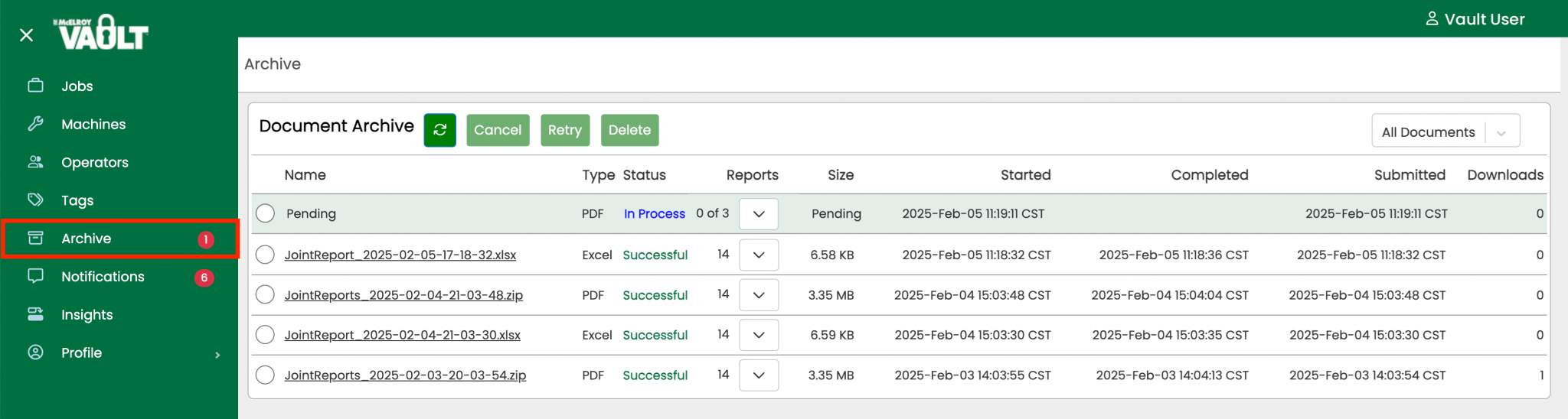Vault™ reports now available under 'Archive' tab - McElroy Press Room